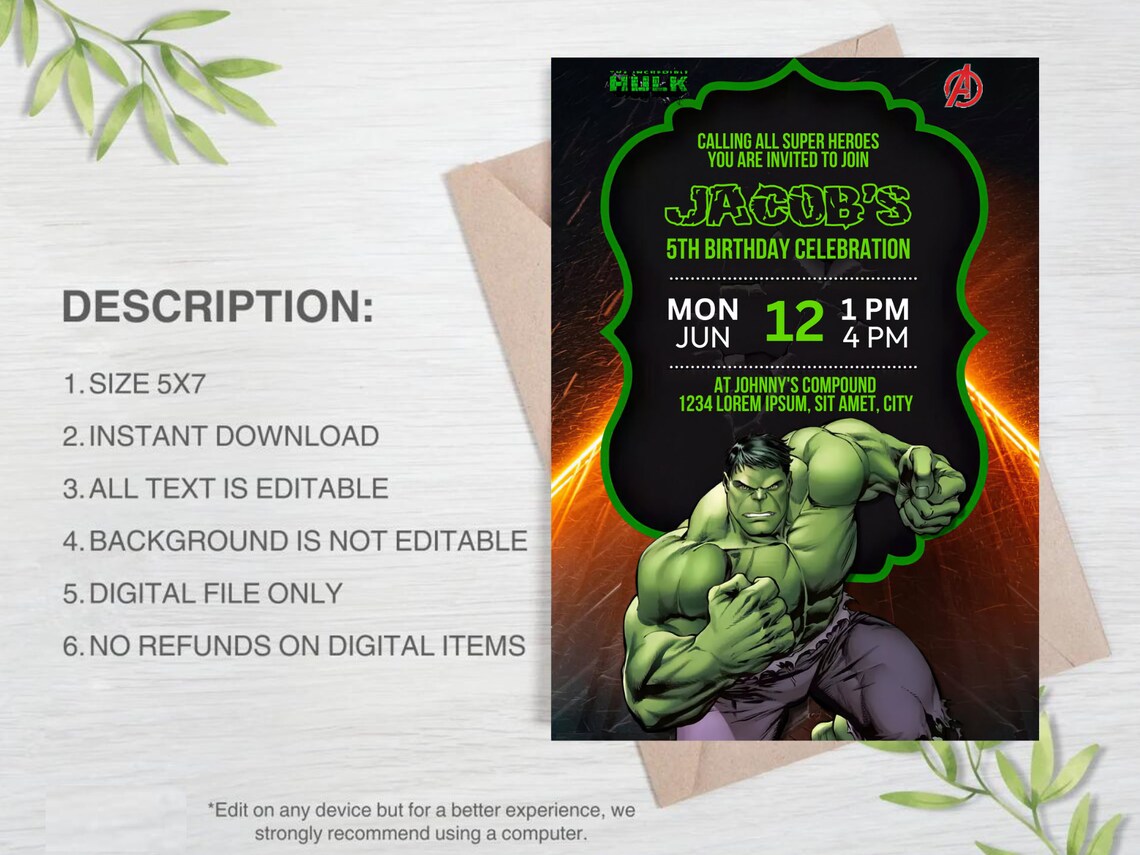 Hulk Editable Invitation | Superhero Birthday Invite | the Hulk ...
