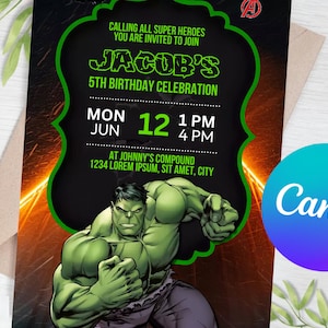 Hulk Editable Invitation Superhero Birthday Invite the Hulk Birthday ...