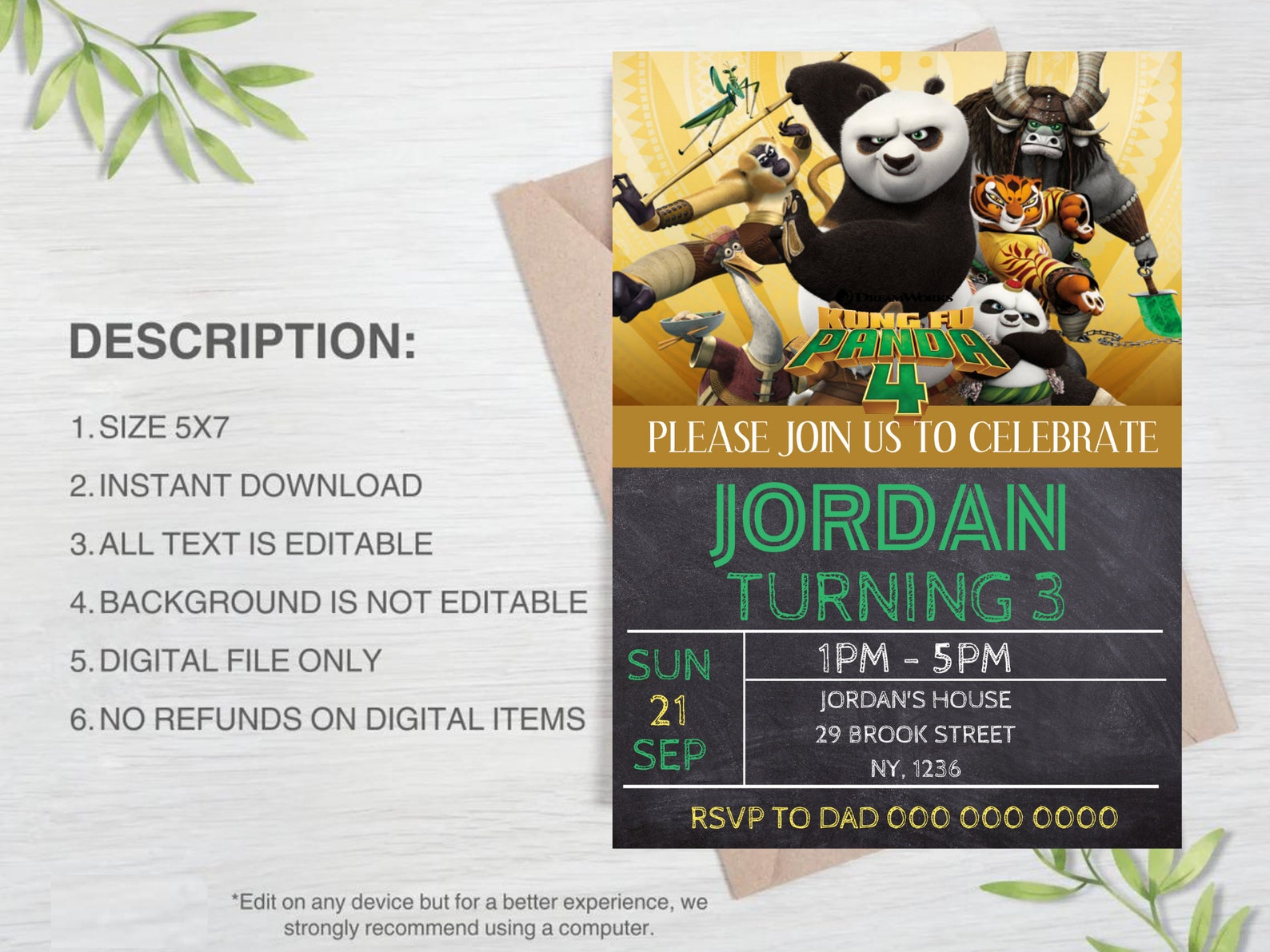 Kung Fu Panda 4 Invitation / Kung Fu 4 Panda Birthday Invitation / Kung ...