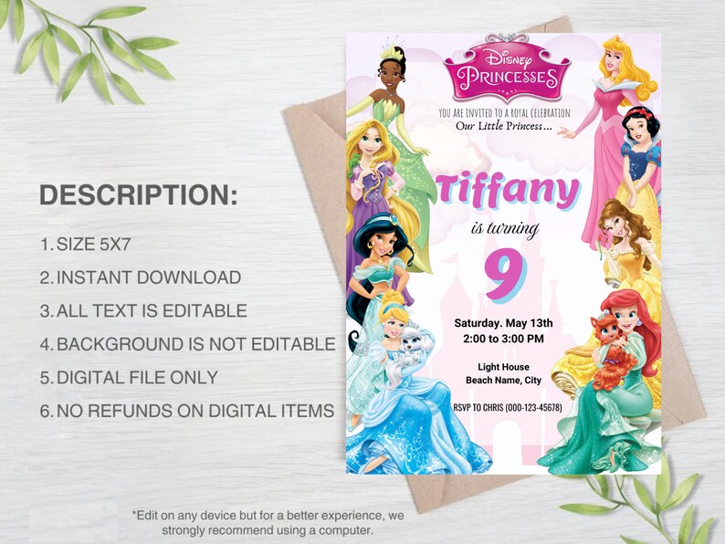 Princess Birthday Invitation Girl Princess Birthday Party Invite Pink ...
