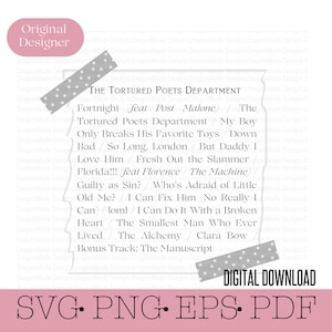The Tortured Poets Department Tracklist Songs PNG SVG EPS Swiftie Gift ...
