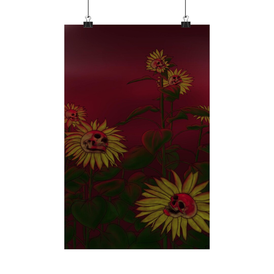 Vertical Matte Poster, Sunflowers and Skulls Art Print, Horror Themed ...