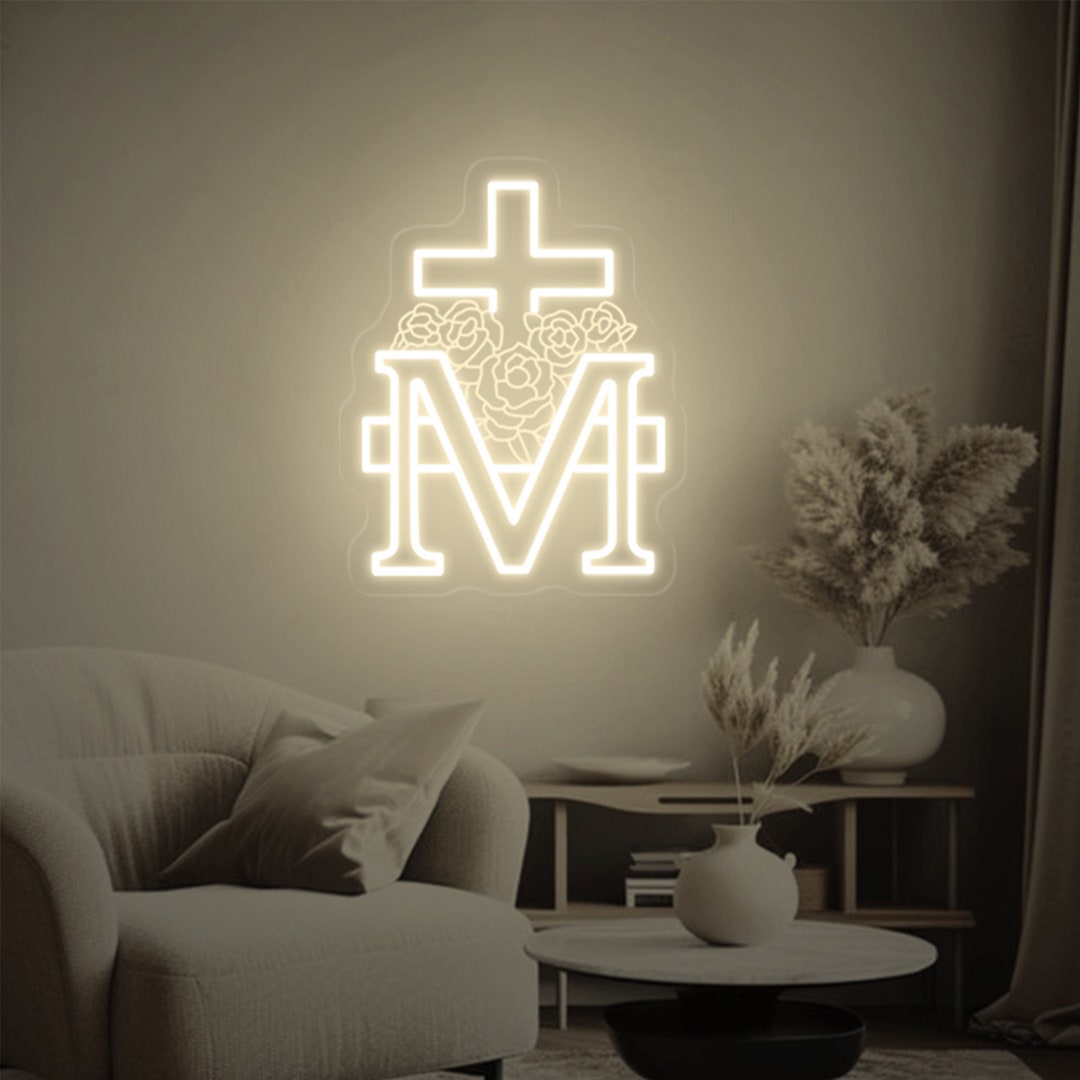 Marian Cross Neon Sign, Marian Catholic Wall Decor Sign, Virgin Mary ...