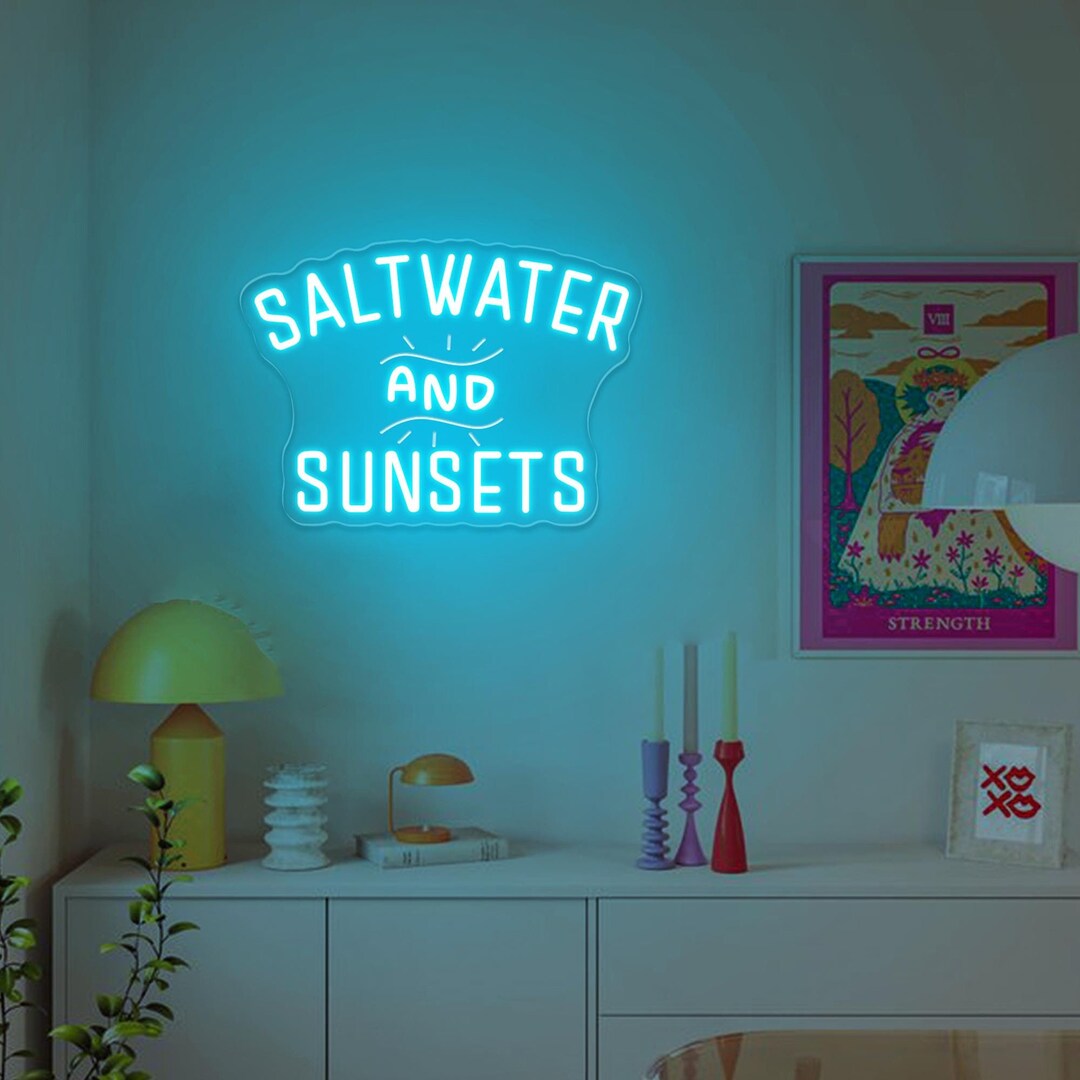 Saltwater and Sunsets Neon Sign, Beach Wall Art, Coastal Home Wall ...