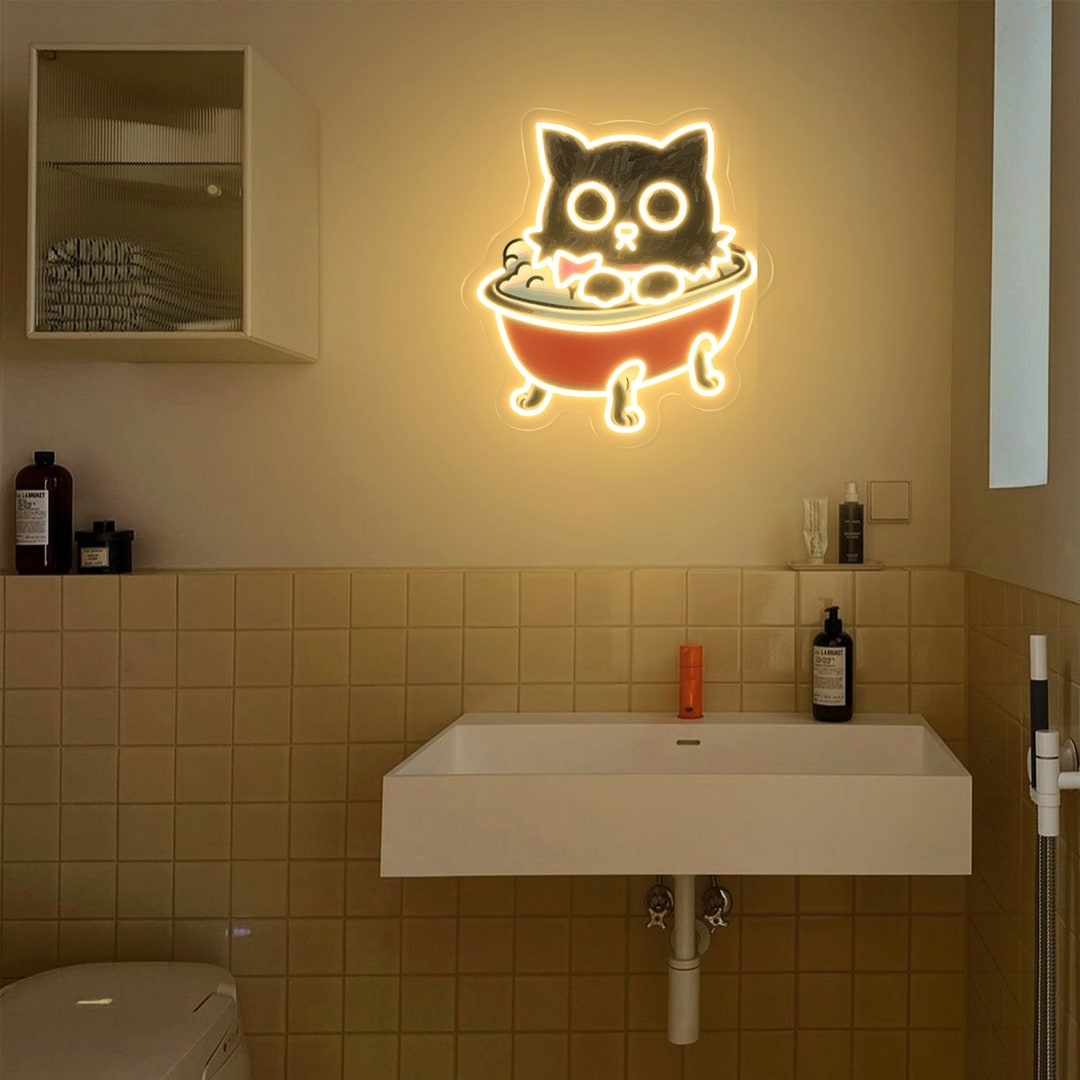Cat Bubble Bath Neon Sign, Cute Black Cat Bath Neon Sign, Personalised ...
