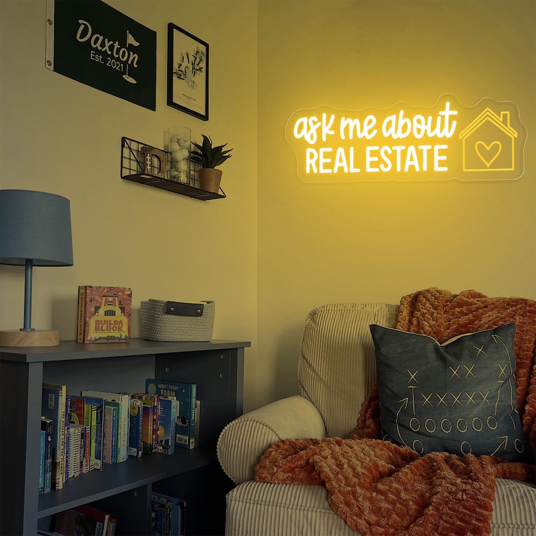 Ask Me About Real Estate Neon Sign, Real Estate Wall Art, Real Estate ...