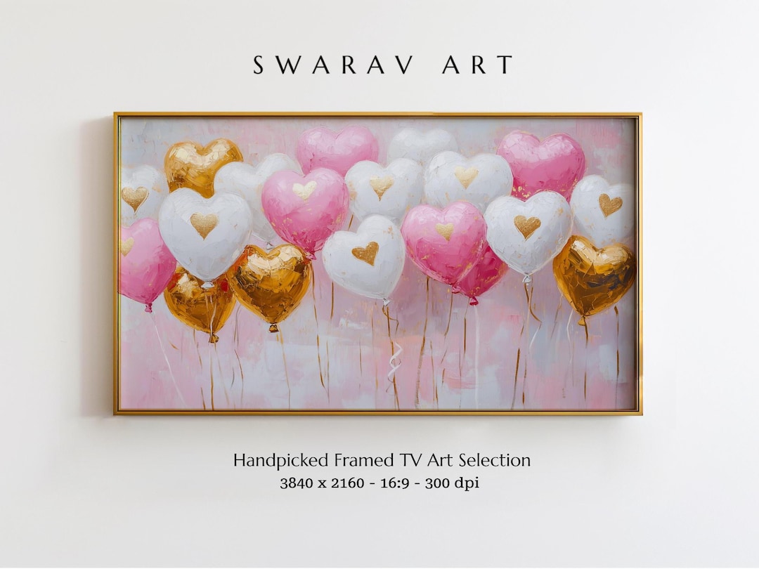 Heart Balloons Oil Painting, Pink White Gold, Frame TV Art (digital ...