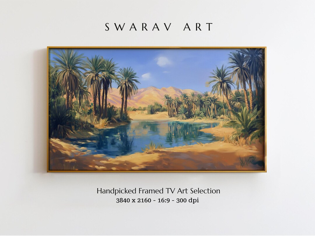 Desert Oasis Frame TV Art, Libyan Landscape Painting With Date Palms ...