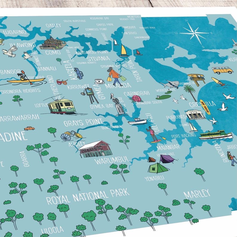 Illustrated Map of the Sutherland Shire | A3 Print - Etsy