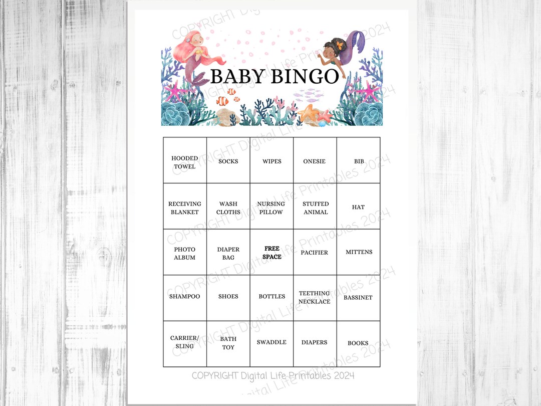 Printable Baby Shower Bingo Mermaid Baby Shower Prefilled Baby Shower ...