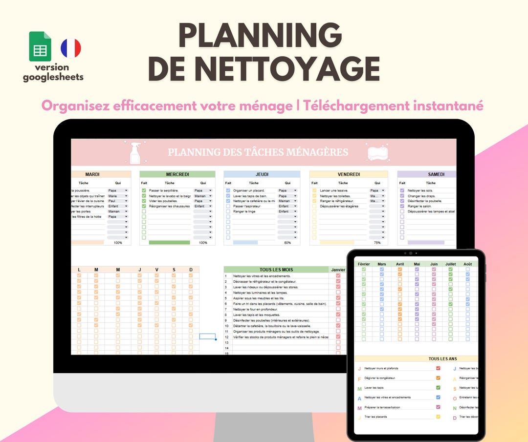 Planning de ménage | Check list tâches ménagères | Modèle Template ...