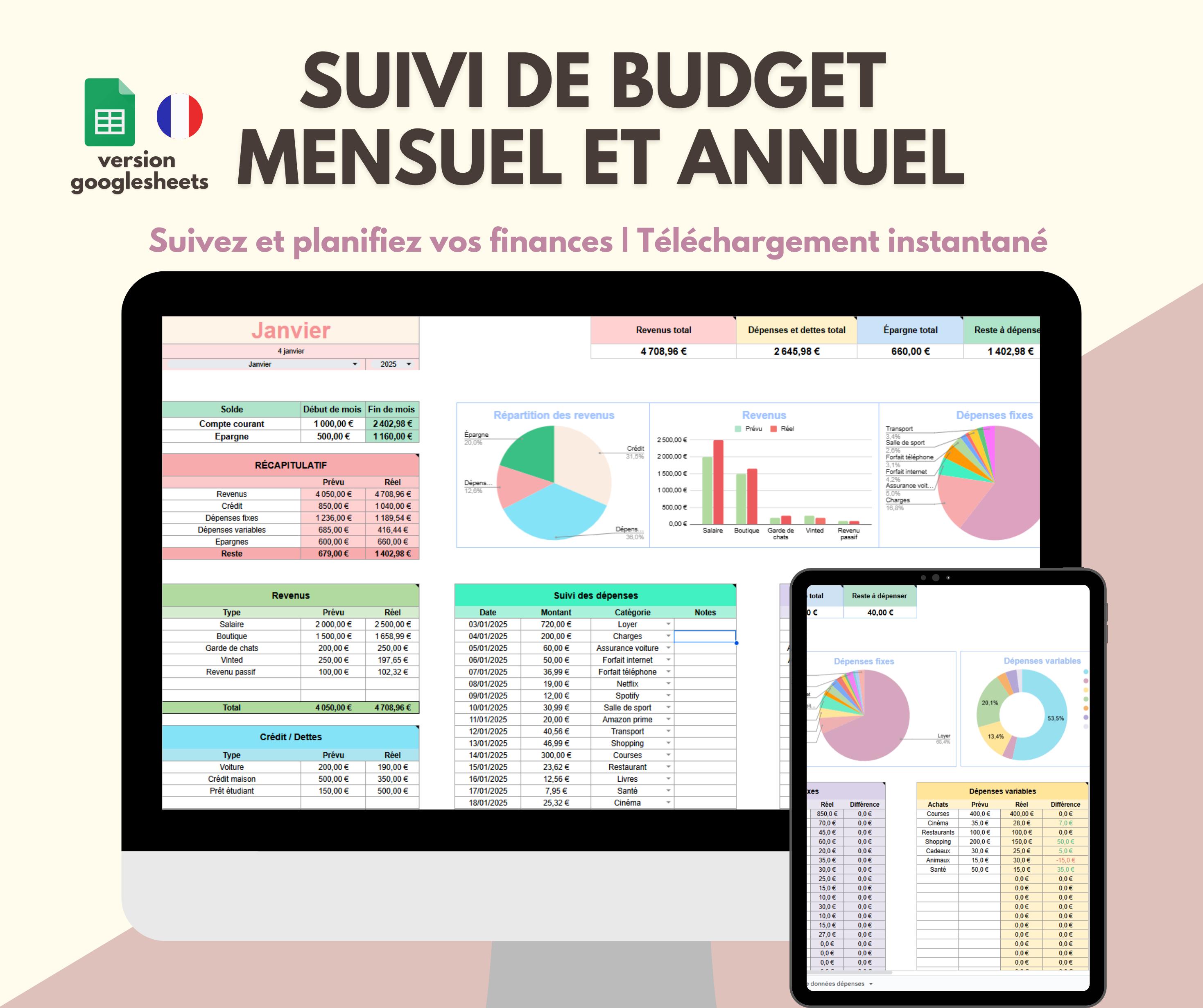 Budget mensuel annuel Googlesheets suivi financier | Planificateur ...