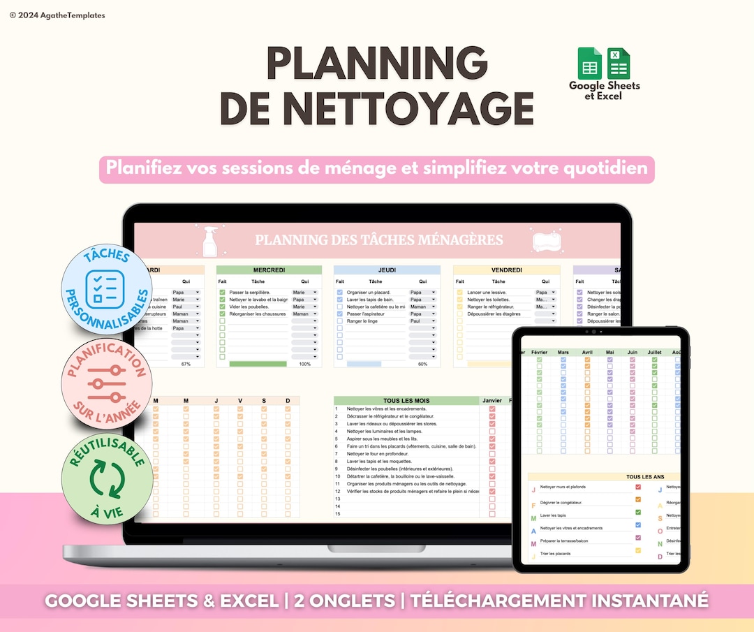 Planning de ménage | Check list tâches ménagères | Modèle Template ...