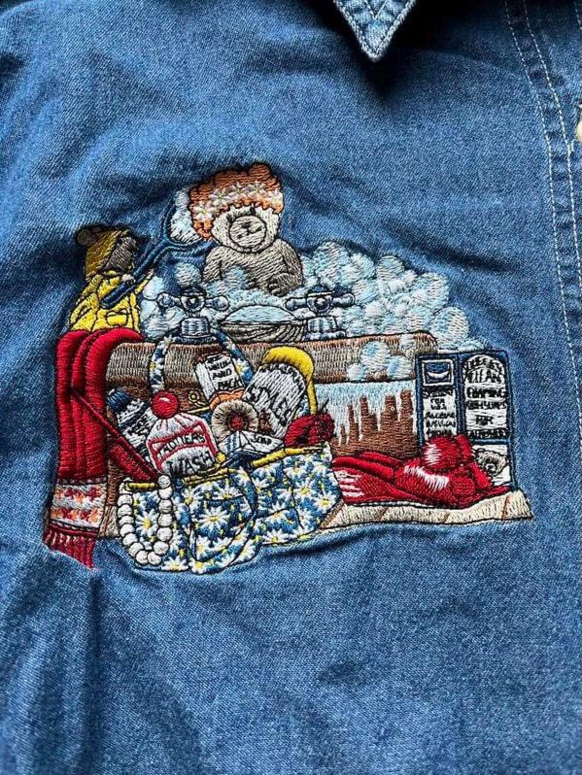 90s Vintage Teddy Bear Embroidered Denim Longsleeve- Size Medium - Etsy