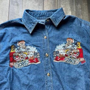 90s Vintage Teddy Bear Embroidered Denim Longsleeve- Size Medium - Etsy