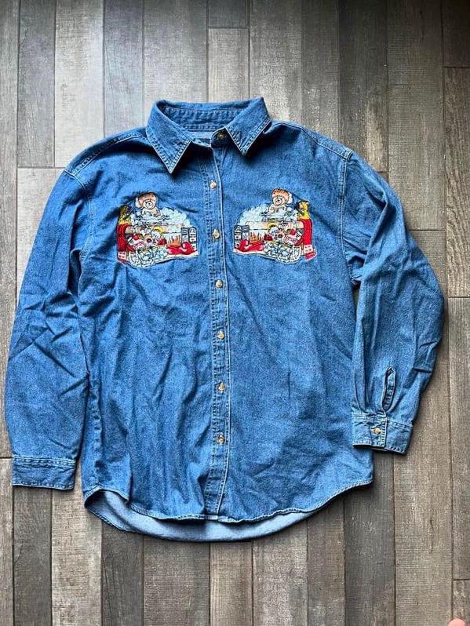 90s Vintage Teddy Bear Embroidered Denim Longsleeve- Size Medium - Etsy