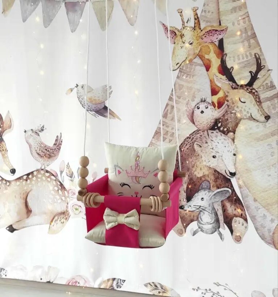 Adorable Cat Princess Baby Swing cozy Pink Seat With Wooden Beads ...