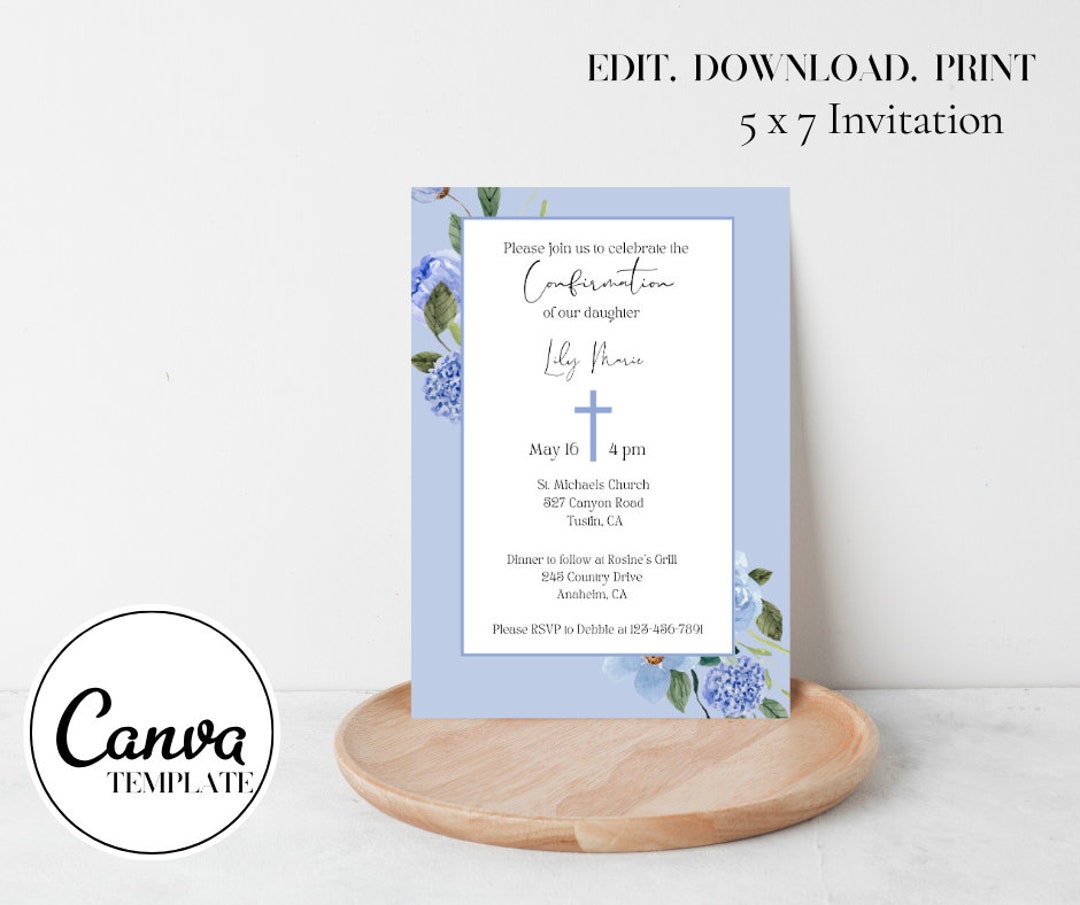 Blue Floral Catholic Confirmation Invitation: DIY Canva Template - Etsy