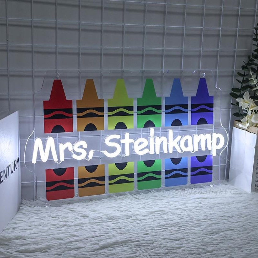Custom Rainbow Crayon Teacher Name Neon Sign,custom Teacher Name Led ...