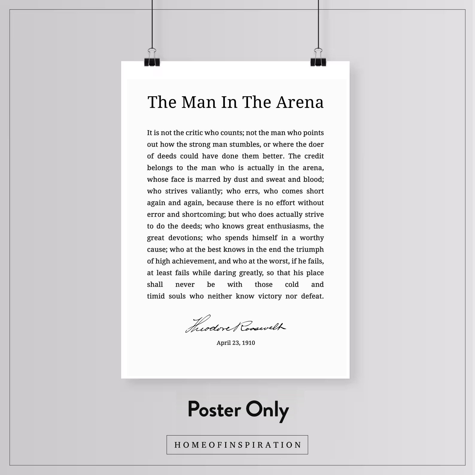 Man in the Arena by Theodore Roosevelt Poem Print, Motivational Home ...