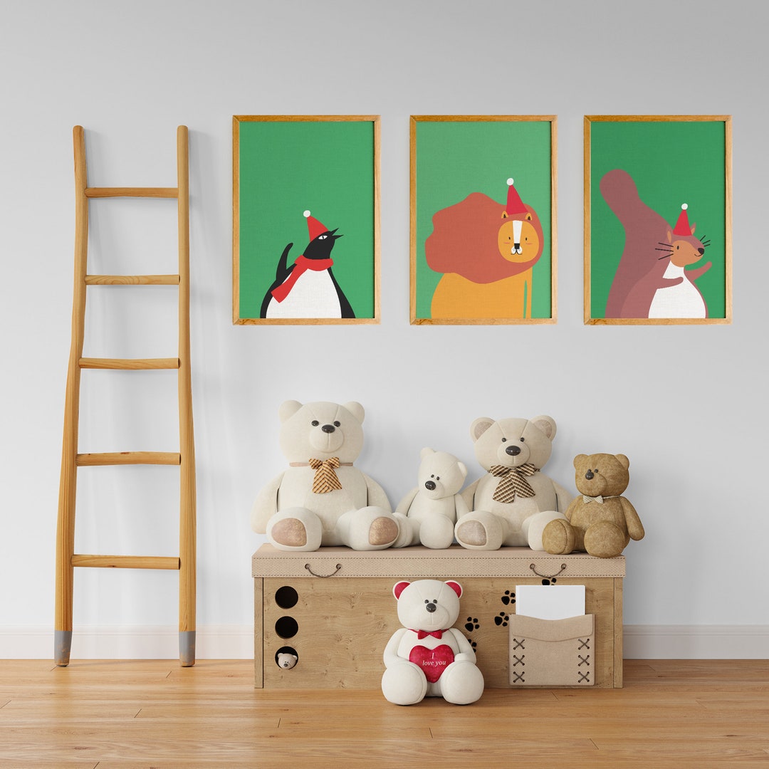 Set of 3 Kids Room Animals Poster,nursery Poster,green Baby Room Poster ...