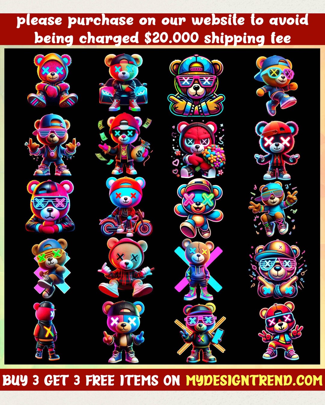Neon Teddy Png Bundle, Neon Teddy Bear Png Bundle, Colorful Urban ...