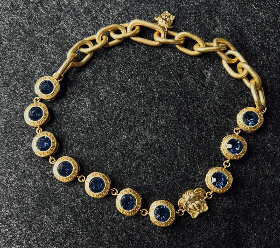 Vintage Versace Big Chain Blue Stones Neckalce Pendant 48cm - Etsy