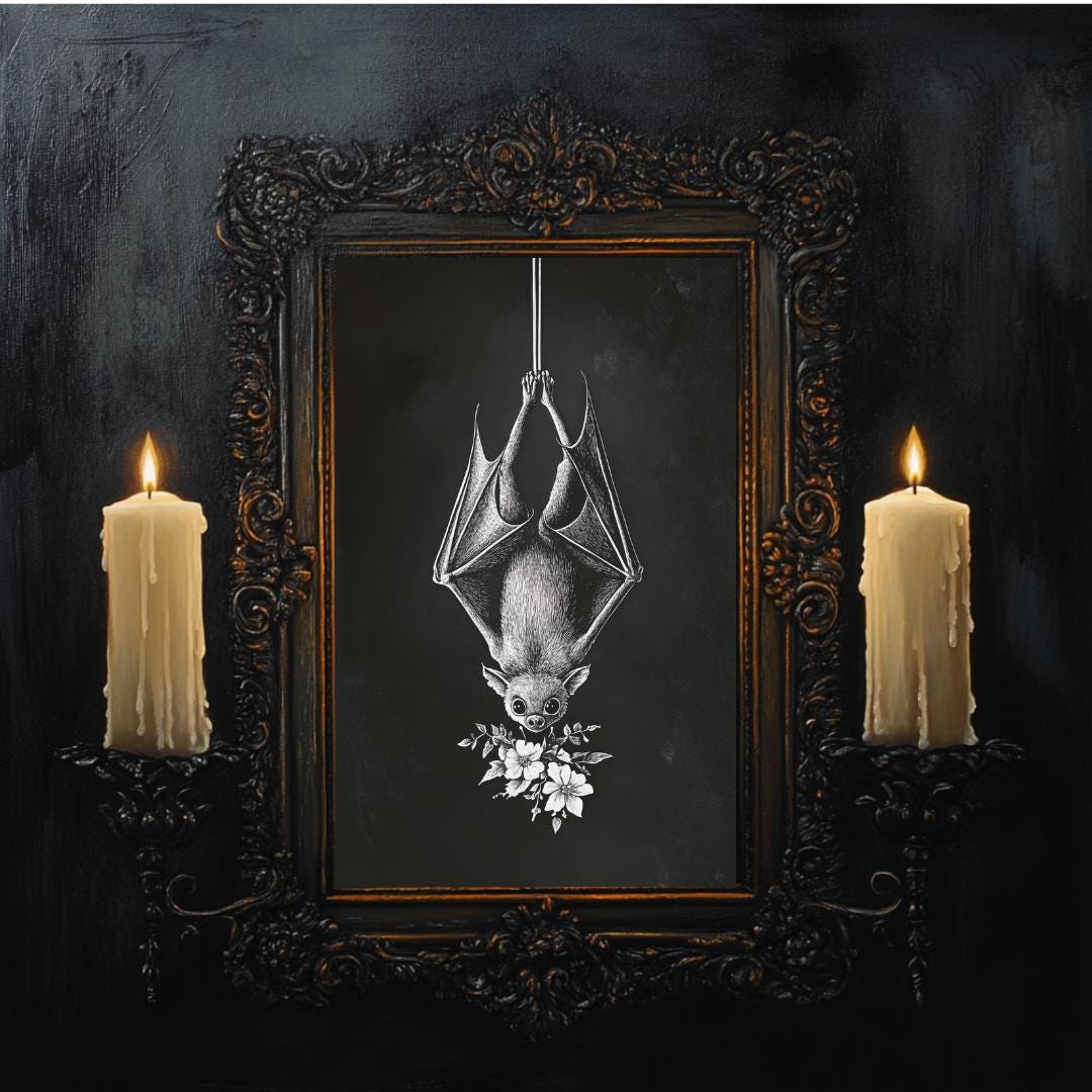 Hanging Bat Art Print, Moody Floral Botanical Bat Painting Sketch ...