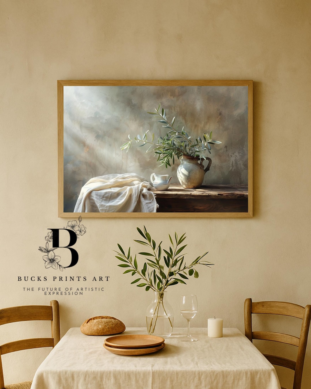 Italian Olive Branch Canvas Wall Art, Rustic Kitchen Decor, Neutral ...
