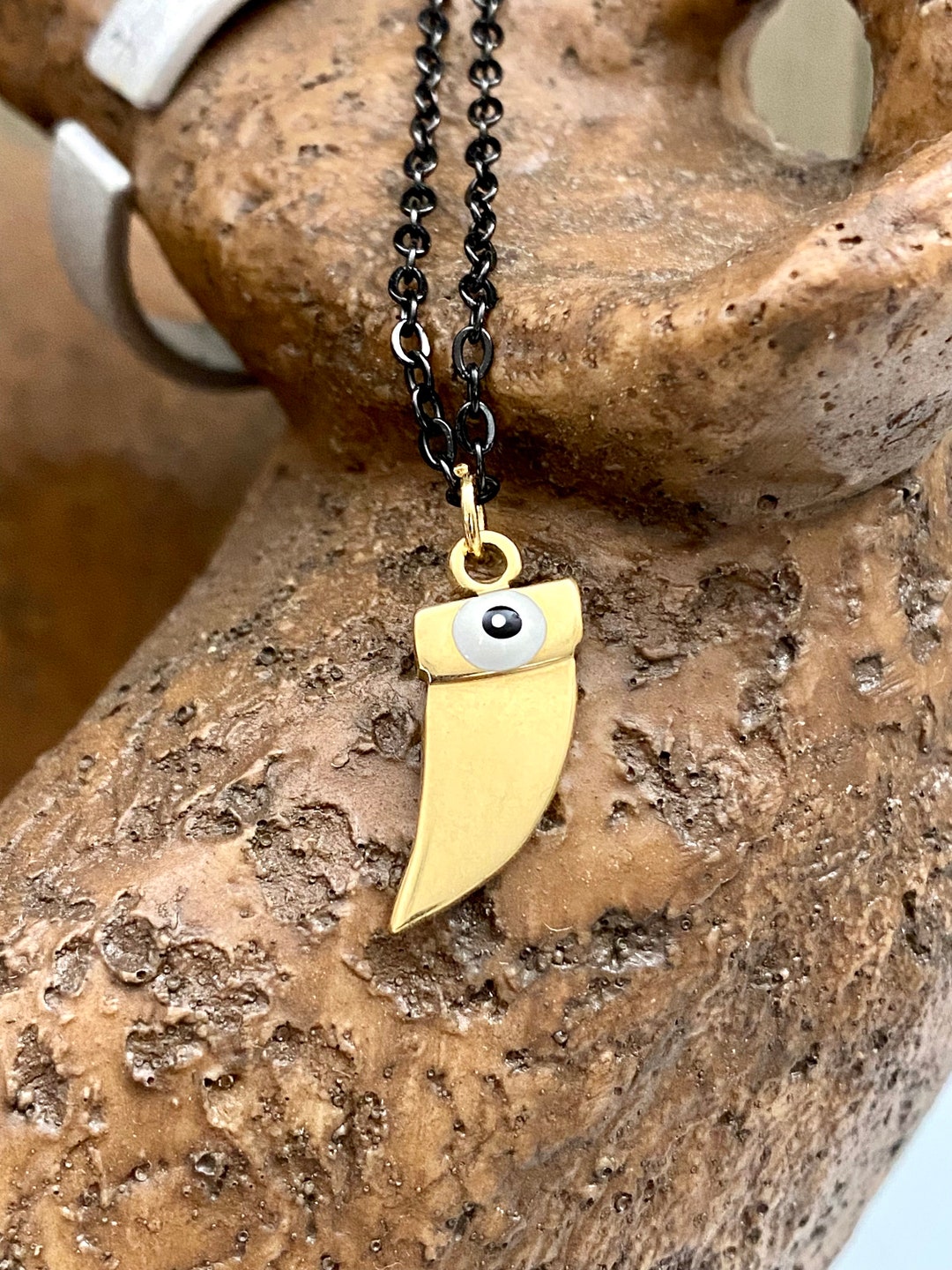 18 Karat Gold Plated Horn Tusk Shape Evil Eye Pendant in Black Dainty ...