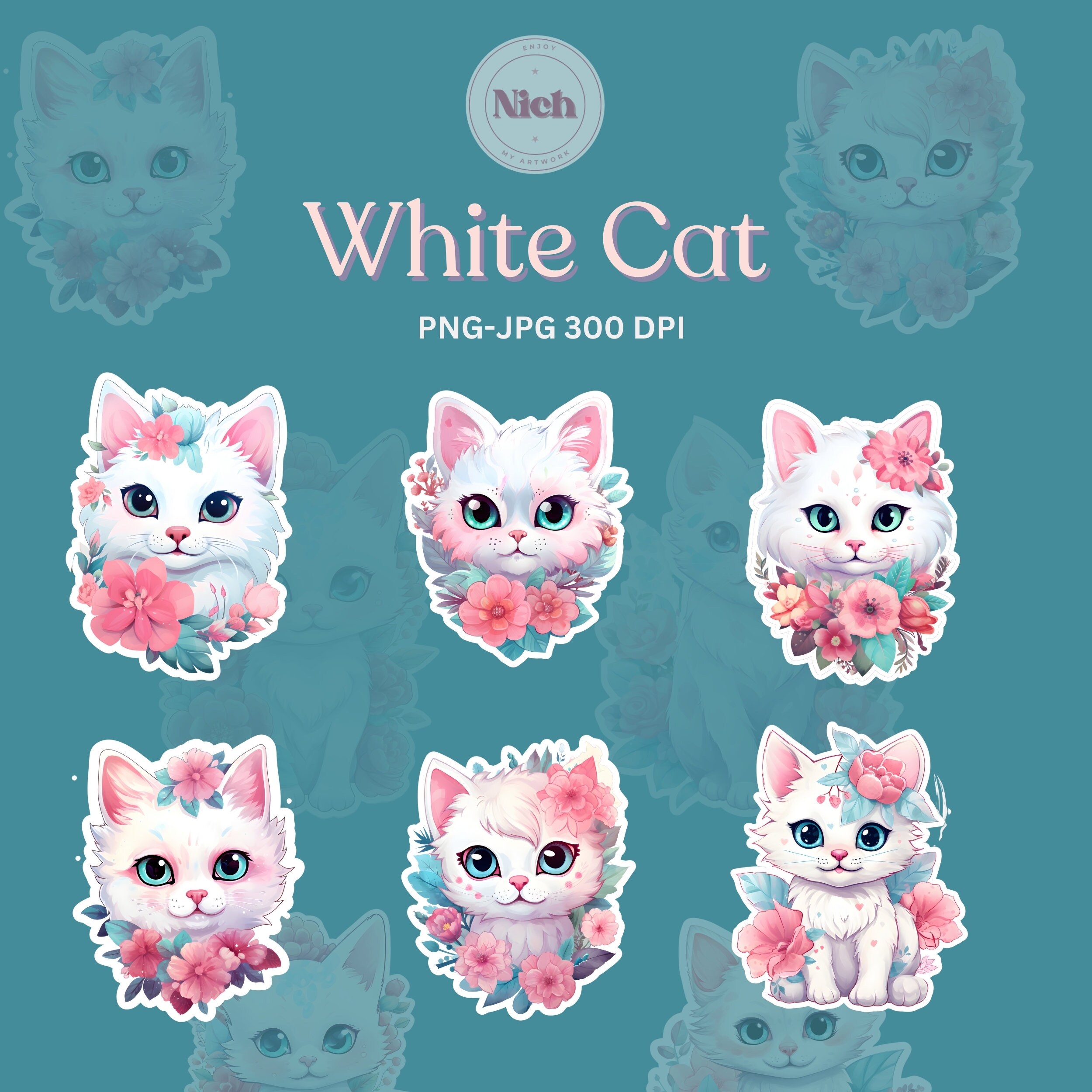White Cat Clipart, Cute Cat Clipart Bundle, Happy Cats, Cartoon Cat ...