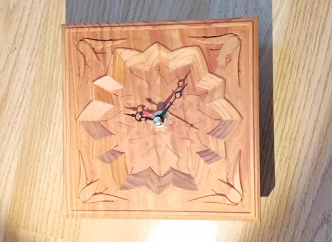 Clock Wood Carving, 150x150mm (6''x6''), With Ornate Clock Hands ...