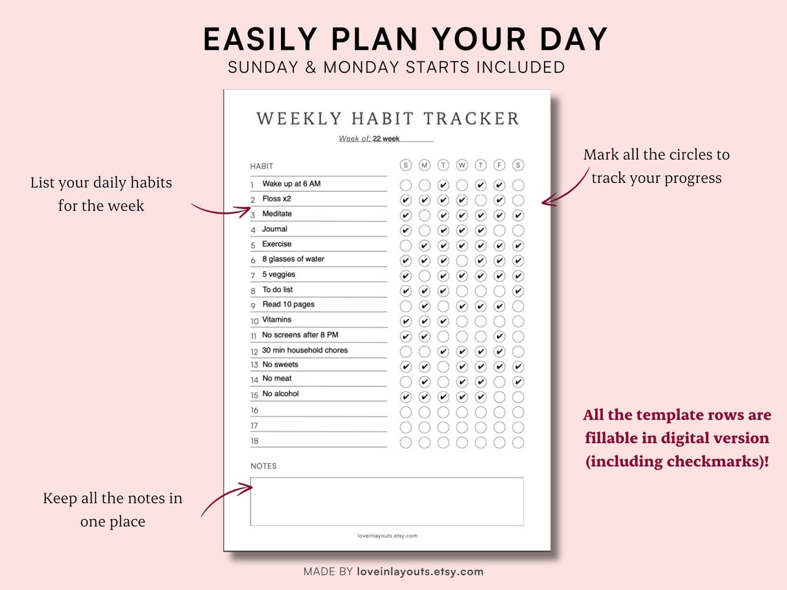 Habit Tracker Printable Portrait, Digital Routine Tracker Template ...
