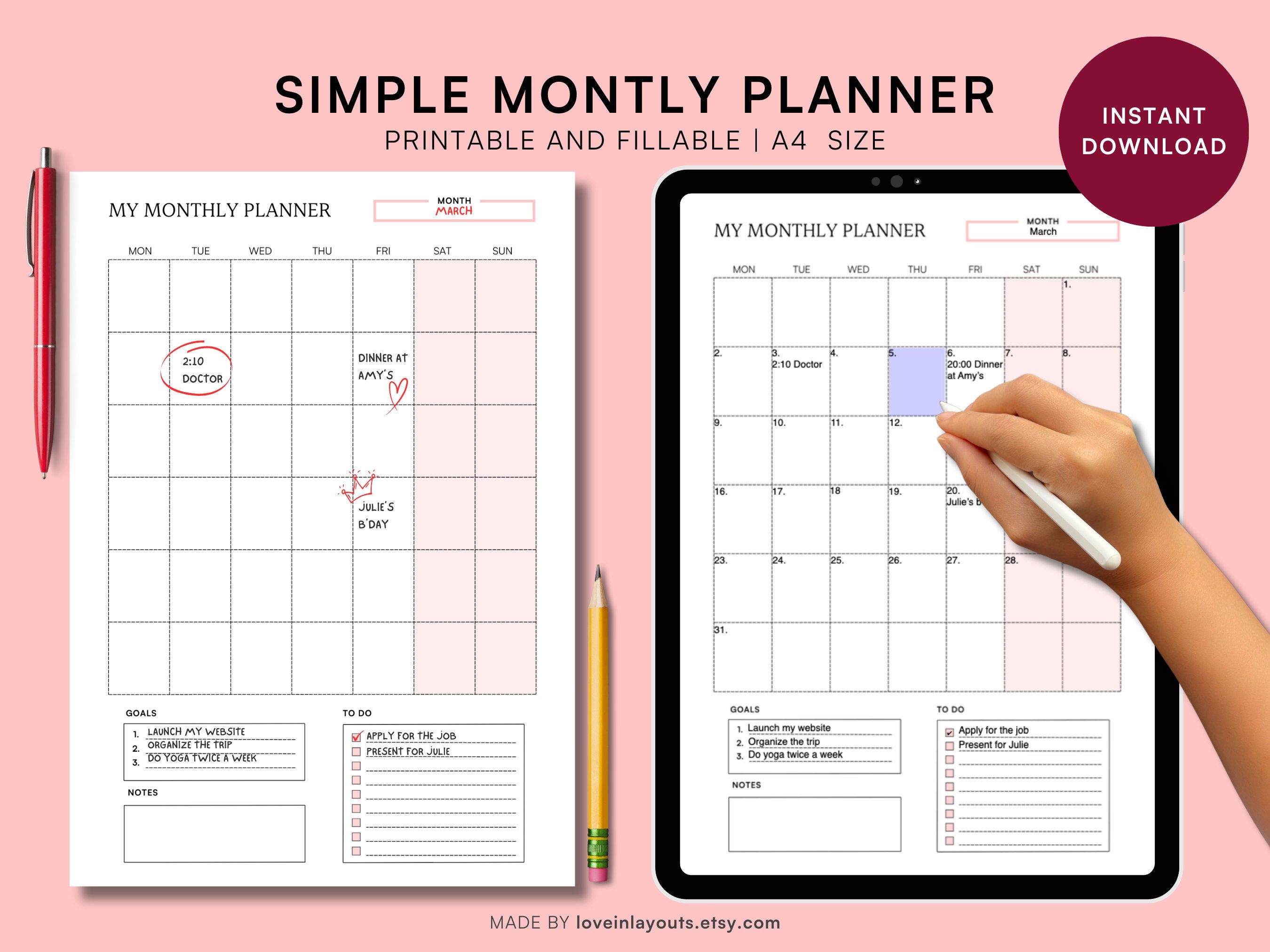 Monthly Planner, Undated Printable Planner, Minimalistic, Calendar ...