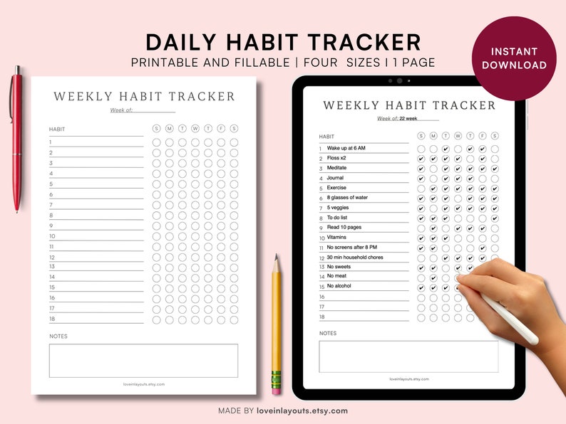Habit Tracker Printable Portrait, Digital Routine Tracker Template ...