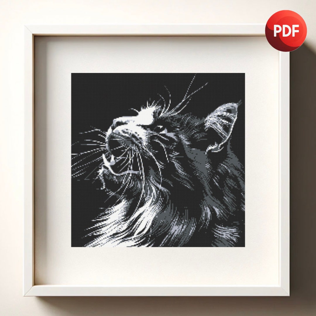 Cross Stitch Pattern PDF Grayscale Fluffy Cat Black Monochrome Single ...
