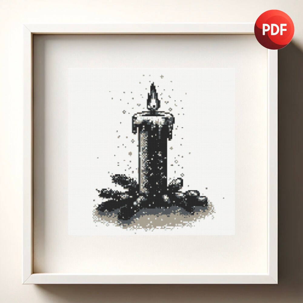 Cross Stitch Pattern PDF Monochrome Christmas Candle Grayscale Instant ...