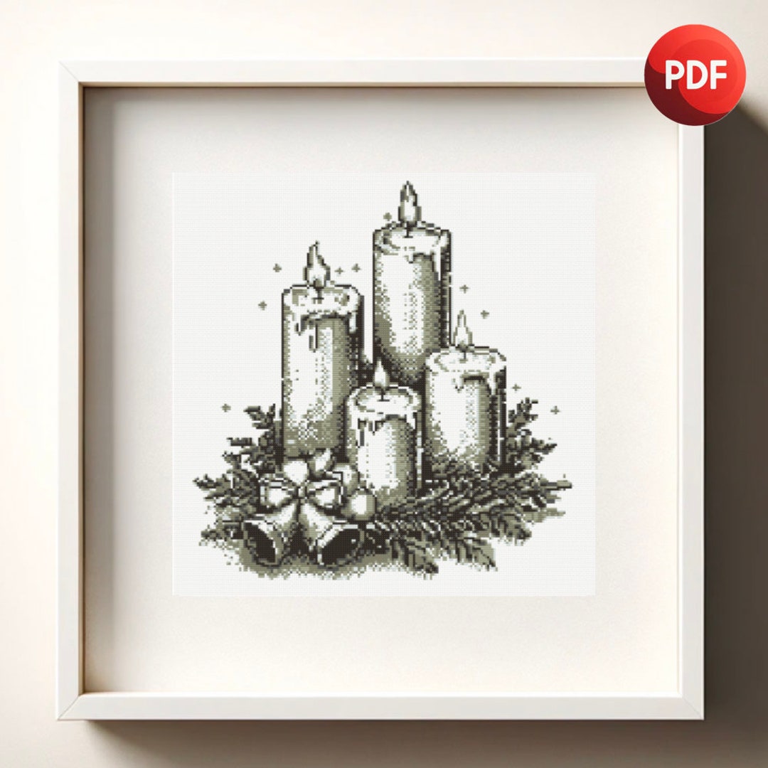 Cross Stitch Pattern PDF Monochrome Christmas Candles and Bells ...