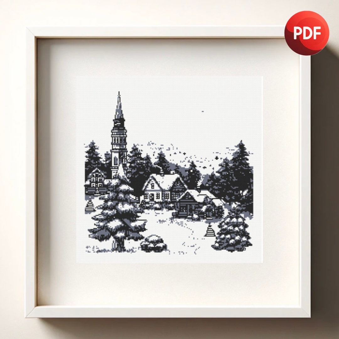 Cross Stitch Pattern PDF Monochrome Christmas Village Grayscale Instant ...