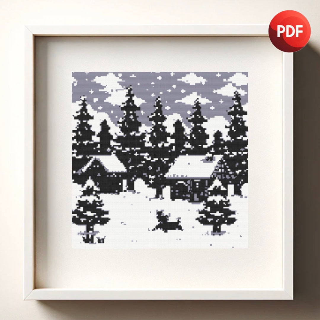 Cross Stitch Pattern PDF Monochrome Christmas Scene Grayscale Instant ...