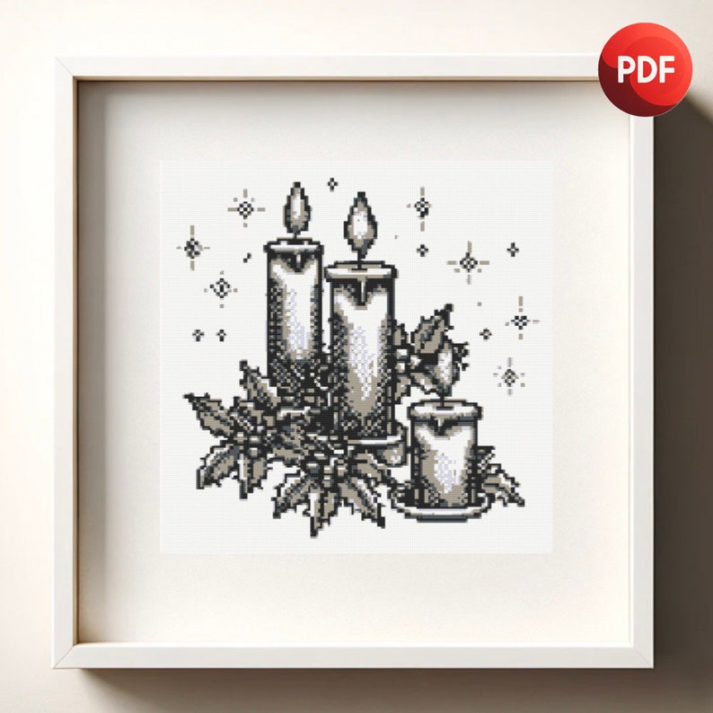 Cross Stitch Pattern PDF Monochrome Christmas Mistletoe and Candles ...
