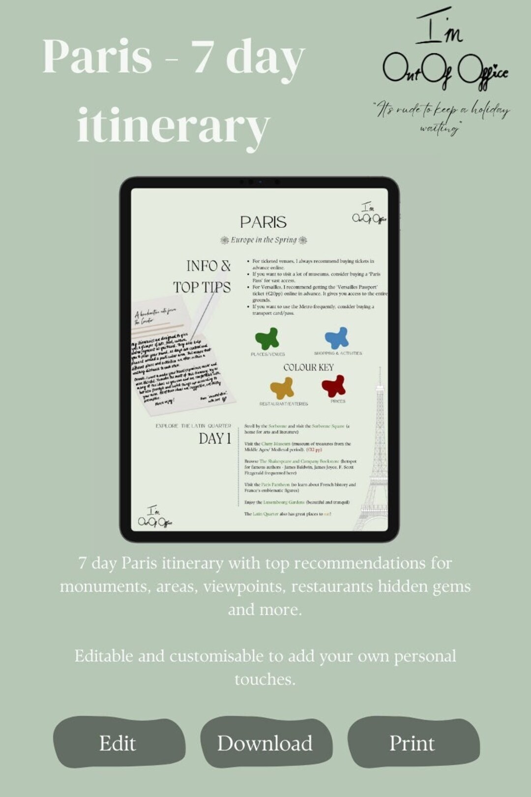 Travel Itinerary -7 Days in Paris | Editable Travel Itinerary Template ...