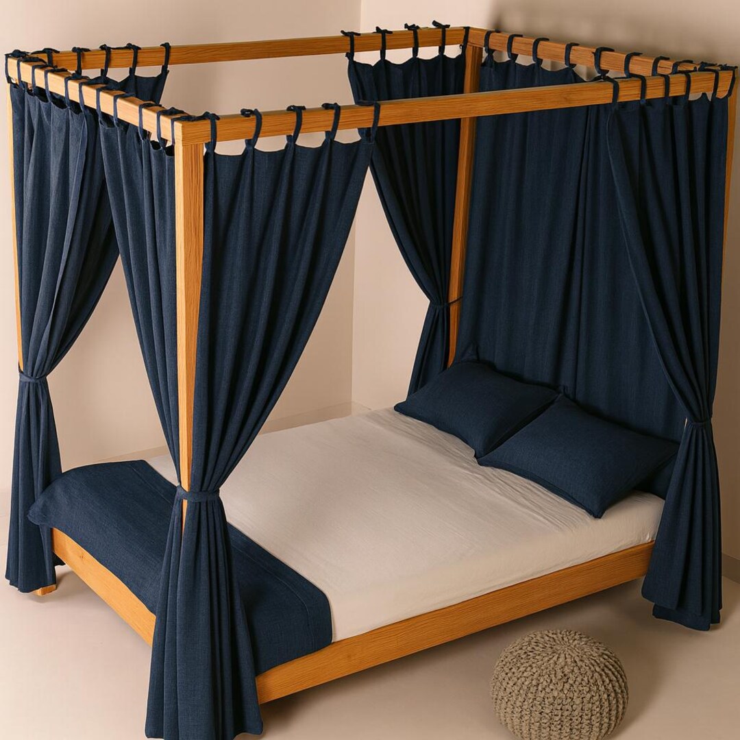 Linen Bed Canopy Curtain Four Corner Tent Bedroom, Extra Long Canopy ...
