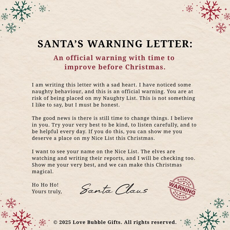 Warning Letter From Santa - Naughty List Certificate - Father Christmas ...