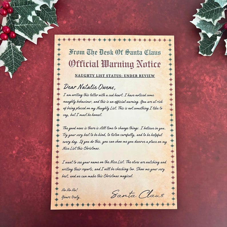 Warning Letter From Santa - Naughty List Certificate - Father Christmas ...