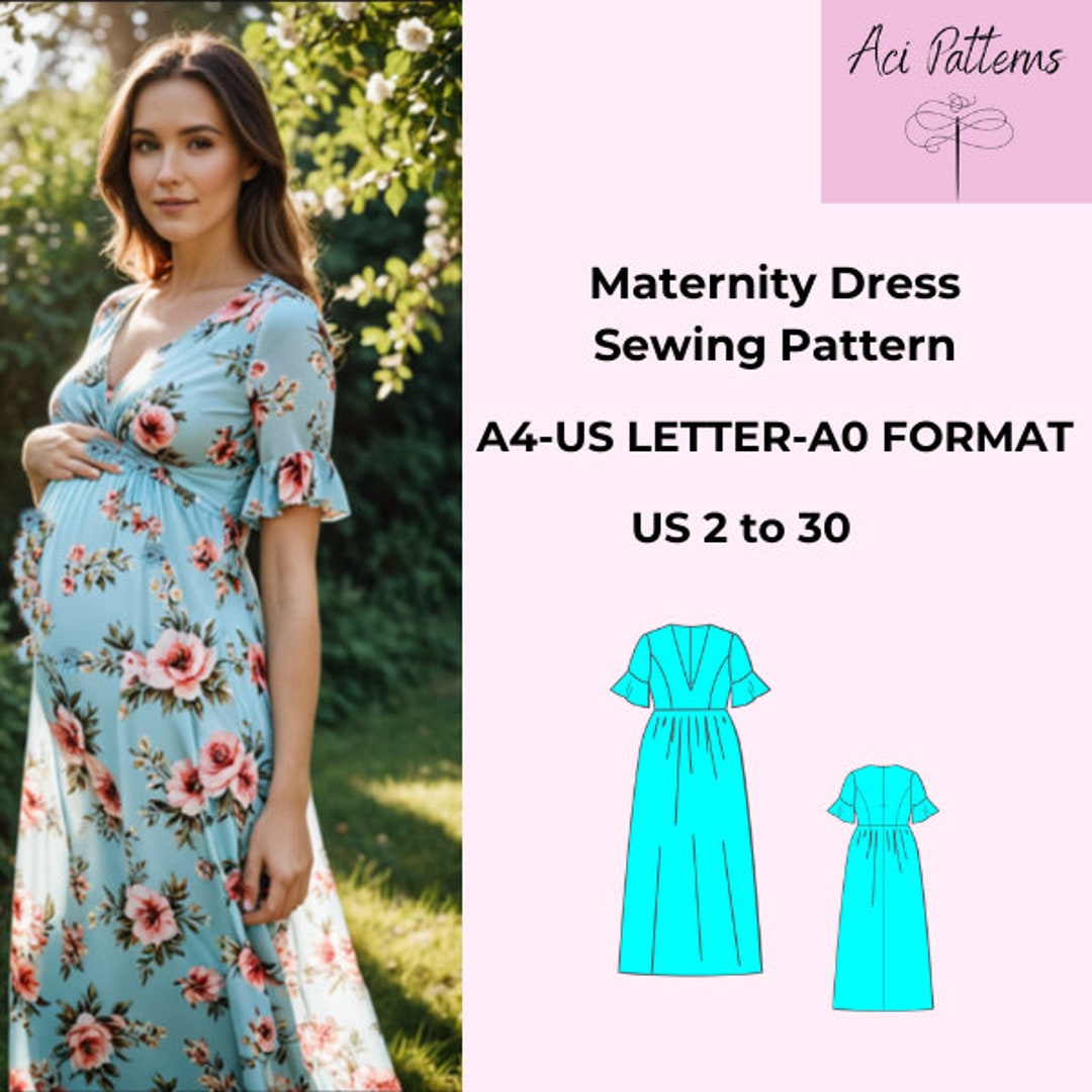 Maternity Gown Dress Sewing Pattern, Ladies Size 2 to 30-A4-US LETTER ...
