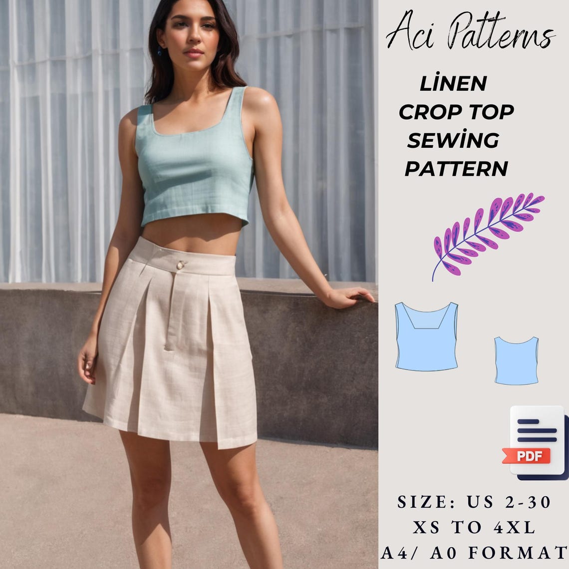 Linen Crop Top Sewing Pattern, Square Neck Blouse (A4/A0 Format) - Etsy