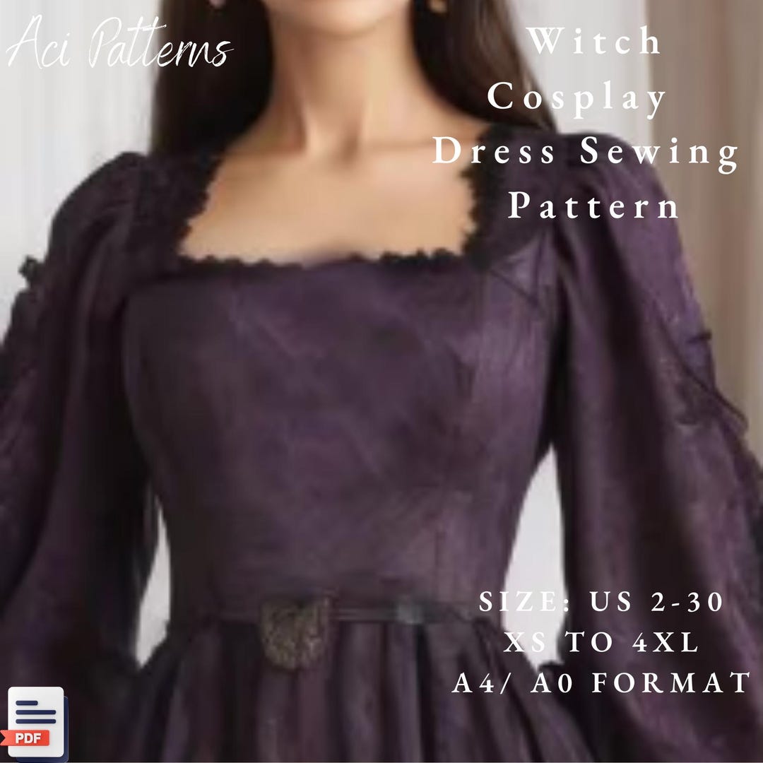 Square Neck Witch Cosplay Dress Sewing Pattern, Vintage Gothic Maxi ...