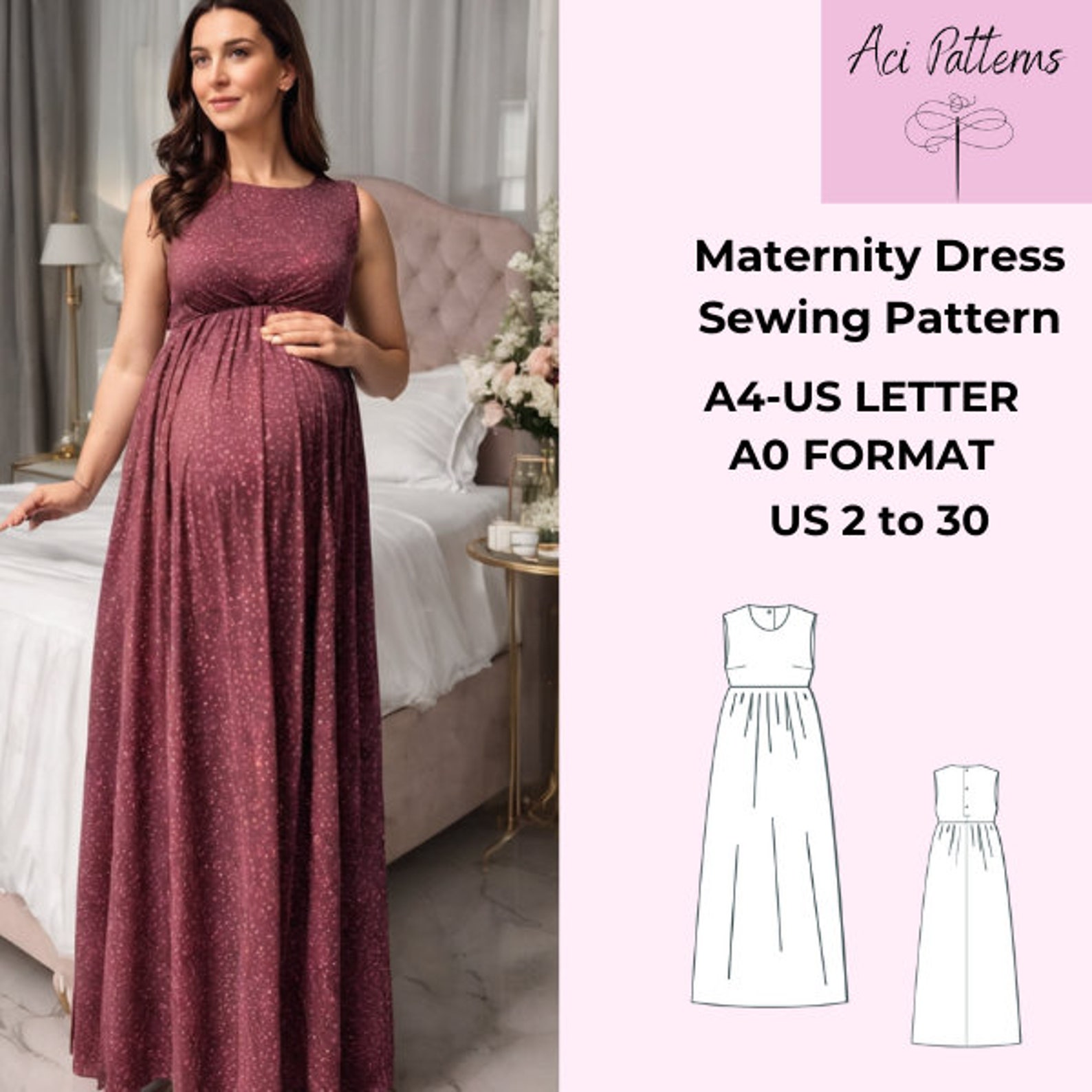 Maternity Gown Dress Sewing Pattern, Ladies Size 2 to 30-A4-US LETTER ...