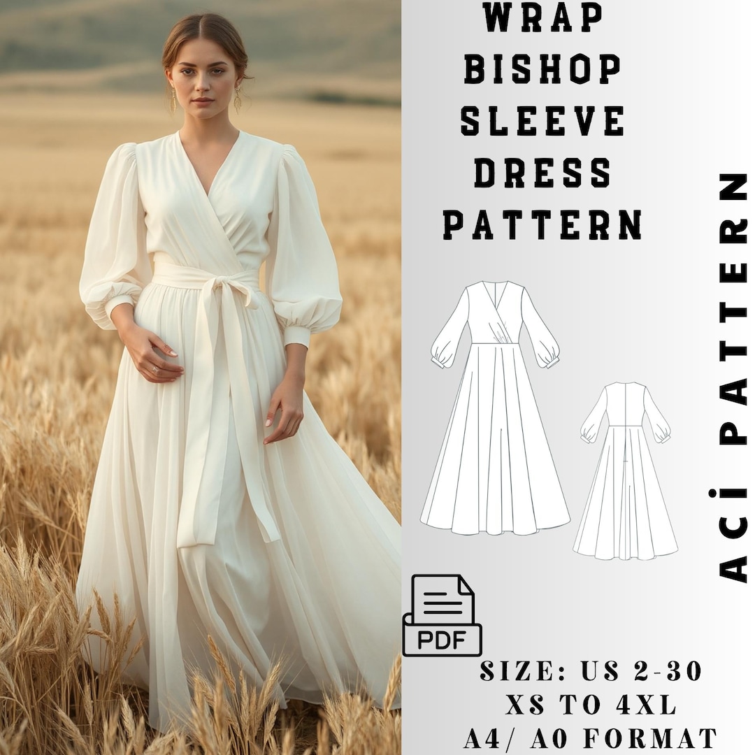 Wrap Dress Sewing Pattern, Bishop Sleeve Dress Pattern, Long Wrap Linen ...